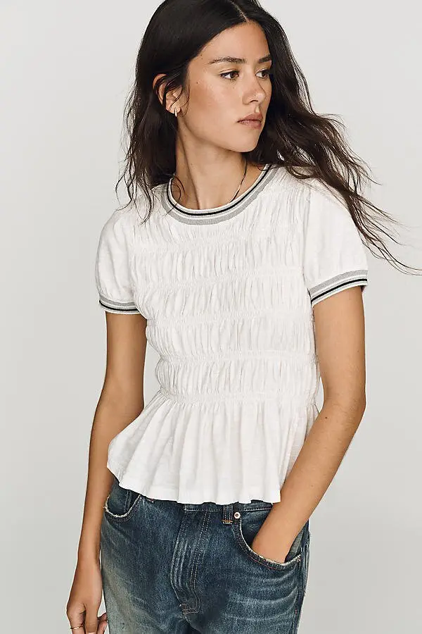 PILCRO Cotton Smocked Peplum Tee - Vanilla