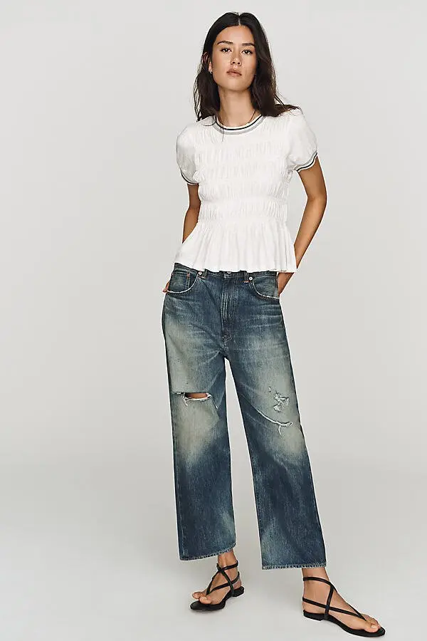 PILCRO Cotton Smocked Peplum Tee