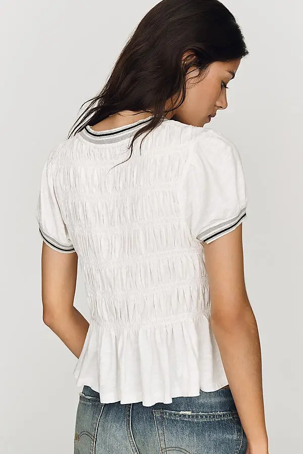 PILCRO Cotton Smocked Peplum Tee