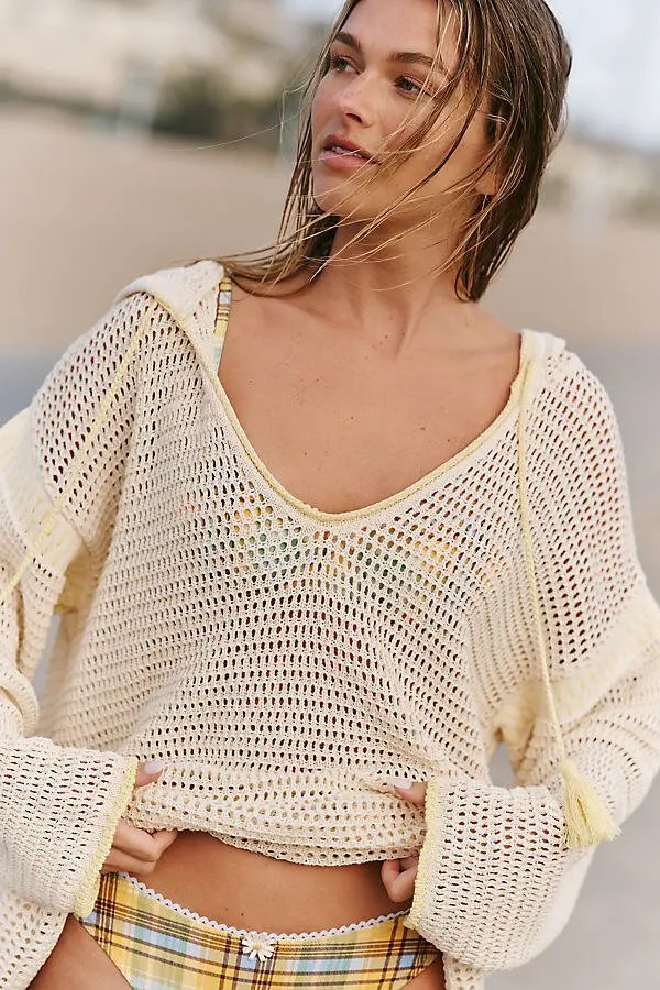 CELANDINE Crochet Knit Hooded Pullover - Ivory