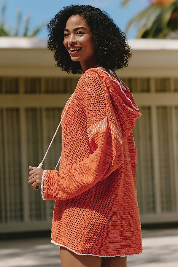 CELANDINE Crochet Knit Hooded Pullover - Orange