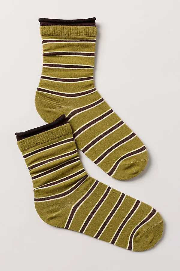 Anthropologie Double Cuff Stripe Socks - Olive/brown