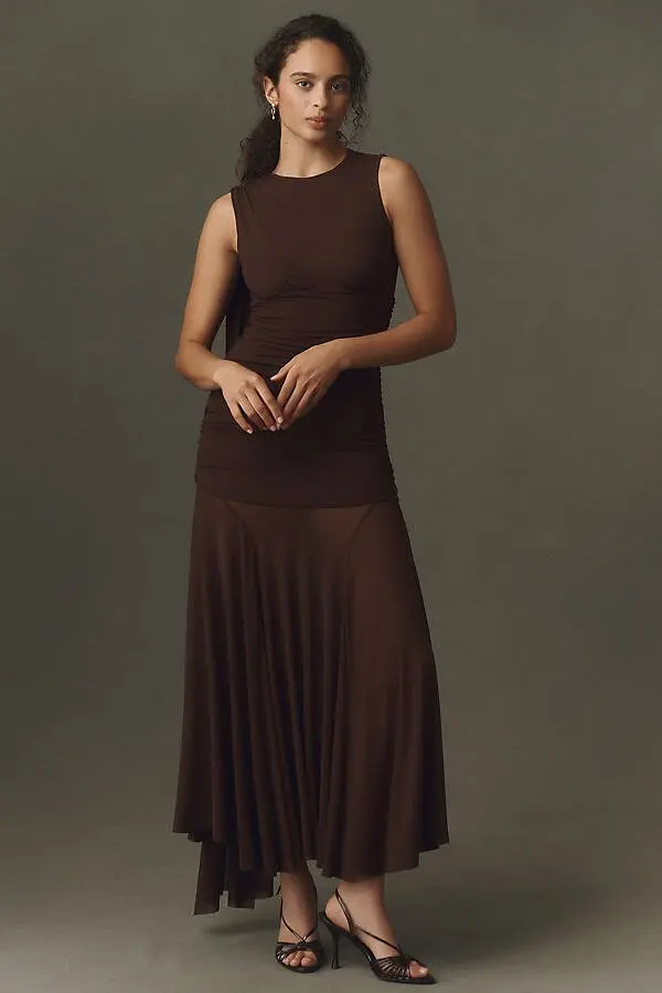 Bardot Alverie Mesh Maxi Dress With Drape Detail - Chocolate