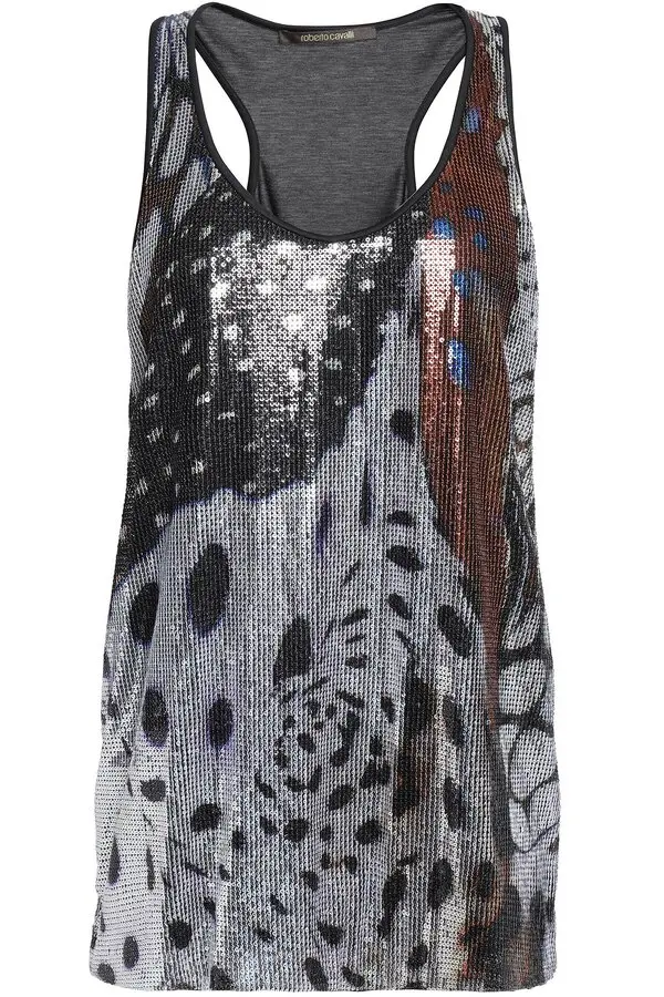 Roberto Cavalli Sequined Printed Jersey Tank