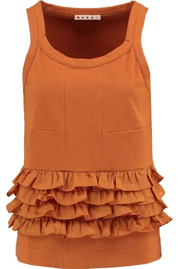 Marni Paneled Cotton-jersey Top With Ruffled Voile - Camel