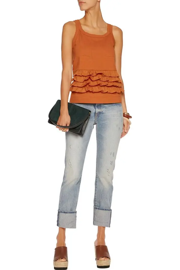 Marni Paneled Cotton-jersey Top With Ruffled Voile