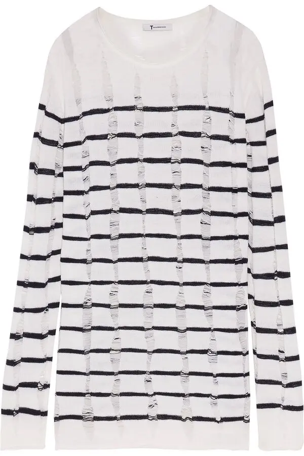 Alexander Wang Open Knittrimmed Striped Merino Wool Sweater - White