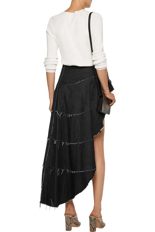 Norma Kamali Asymmetric Frayed Denim Maxi Wrap Skirt