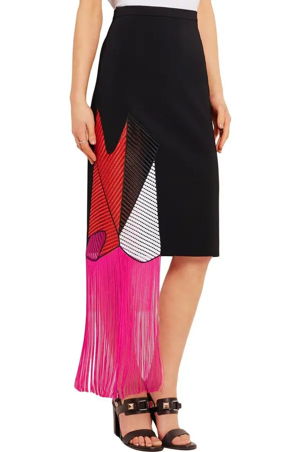 CHRISTOPHER KANE Asymmetric Fringed Crochetpaneled Stretchcrepe Skirt