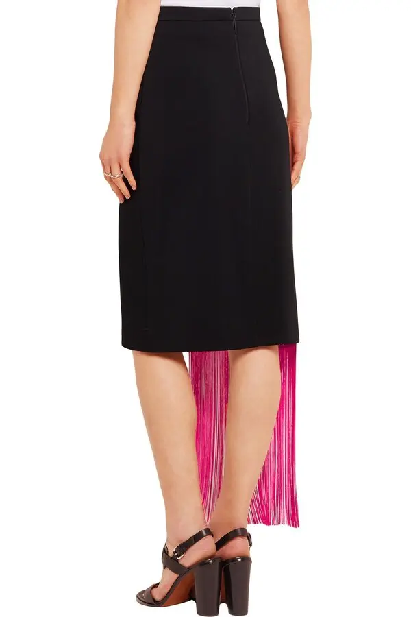 CHRISTOPHER KANE Asymmetric Fringed Crochetpaneled Stretchcrepe Skirt