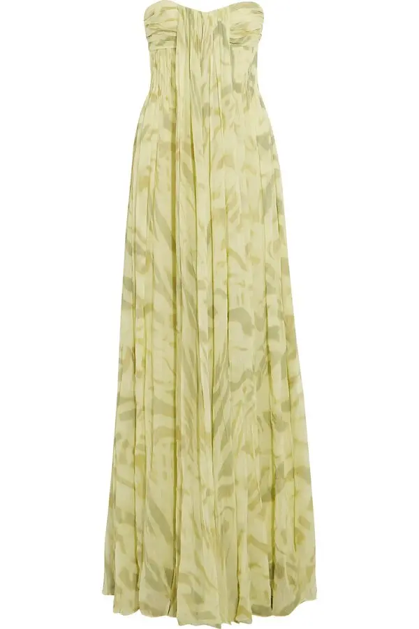Halston Strapless Pleated Printed Silkchiffon Gown