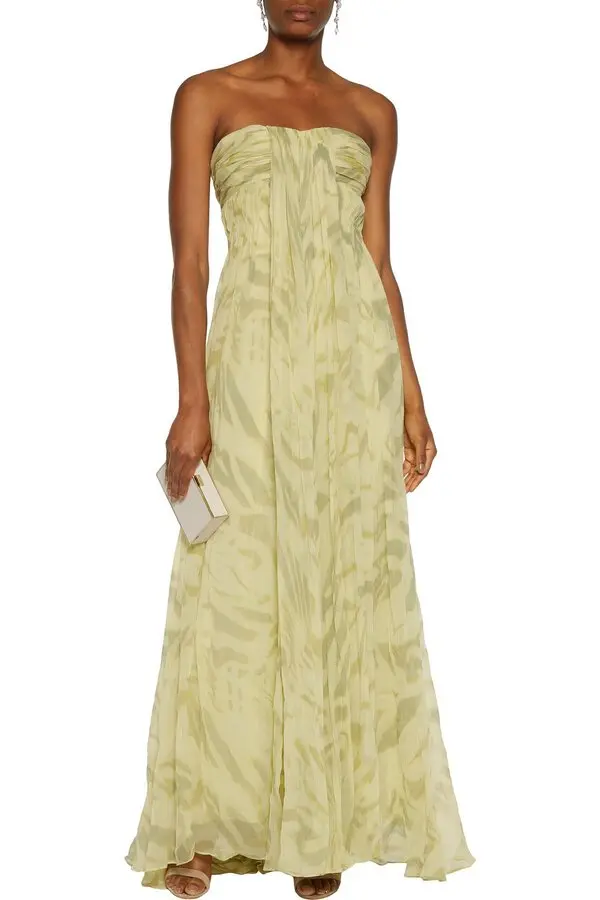 Halston Strapless Pleated Printed Silkchiffon Gown