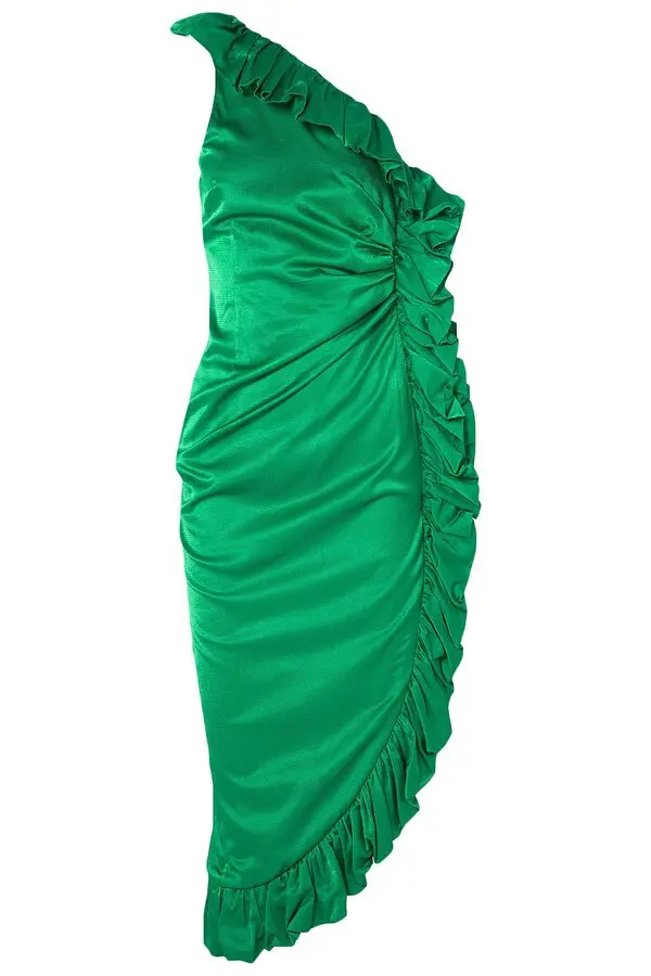 Attico Oneshoulder Ruffled Cottonblend Satin Midi Dress - Green
