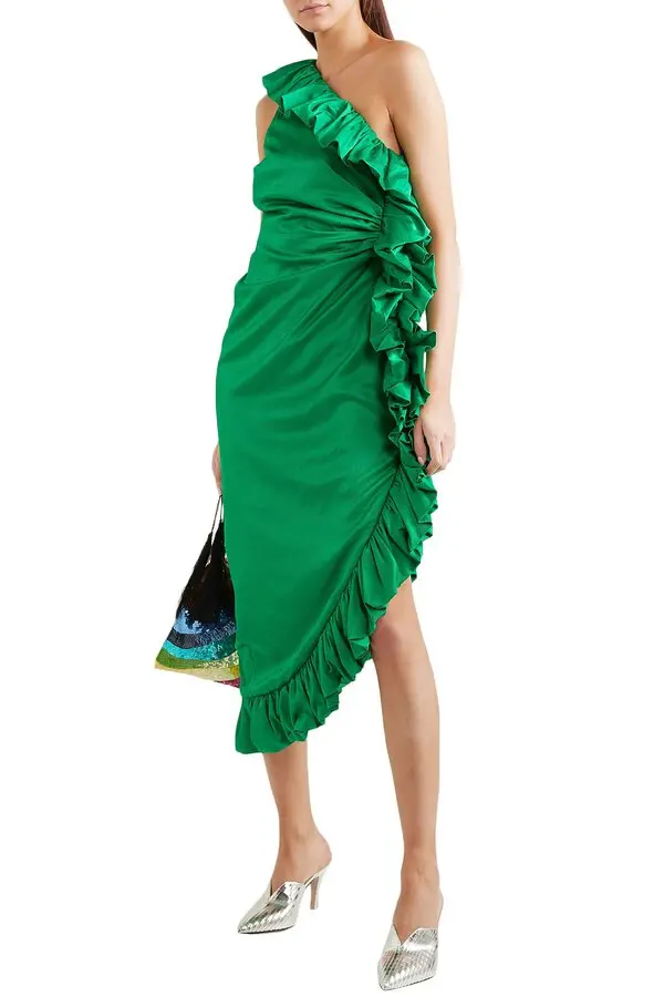 Attico One-shoulder Ruffled Cotton-blend Satin Midi Dress
