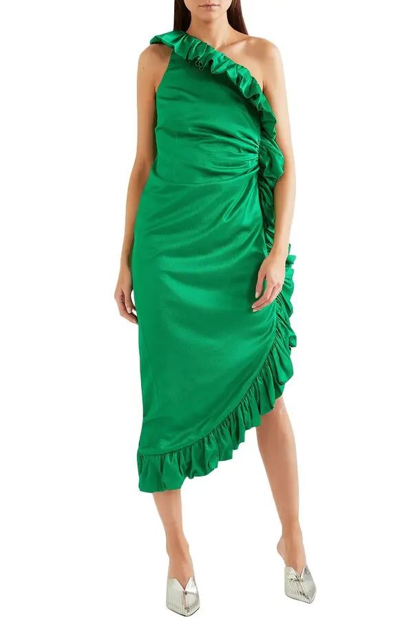 Attico One-shoulder Ruffled Cotton-blend Satin Midi Dress