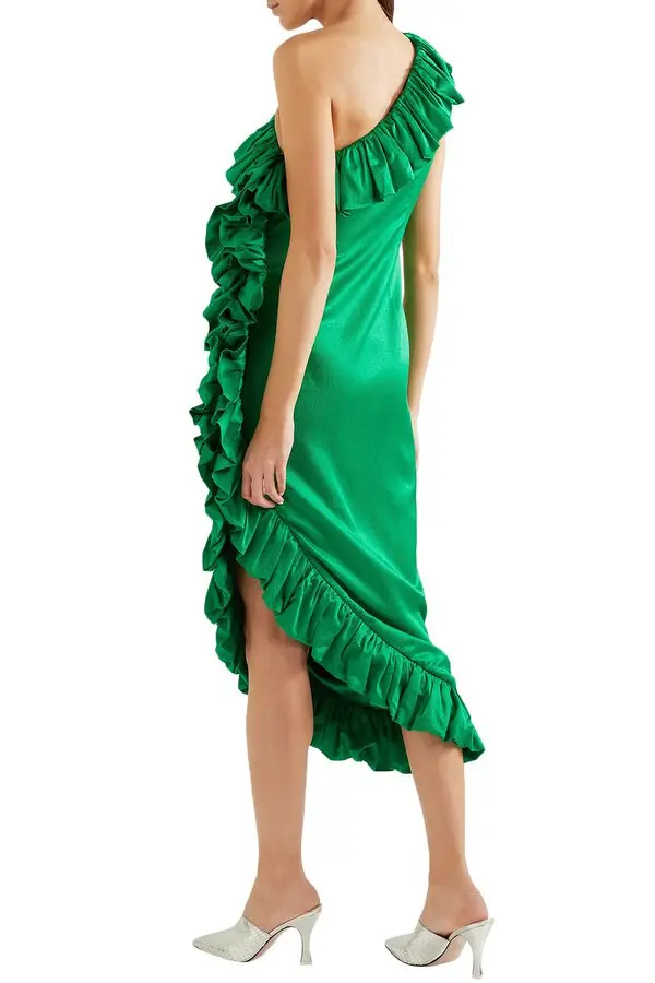 Attico One-shoulder Ruffled Cotton-blend Satin Midi Dress