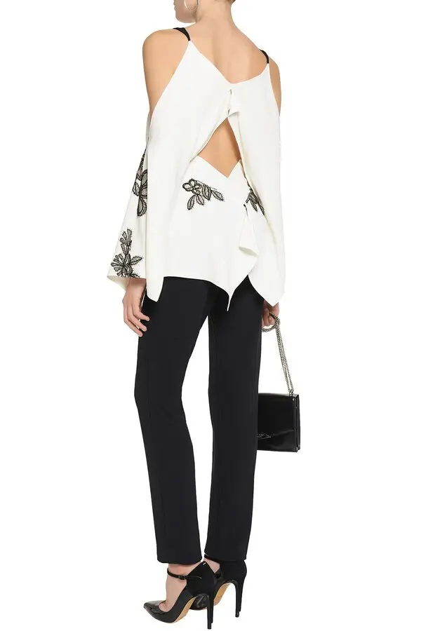 Roland Mouret Coldshoulder Asymmetric Lacetrimmed Crepe Top