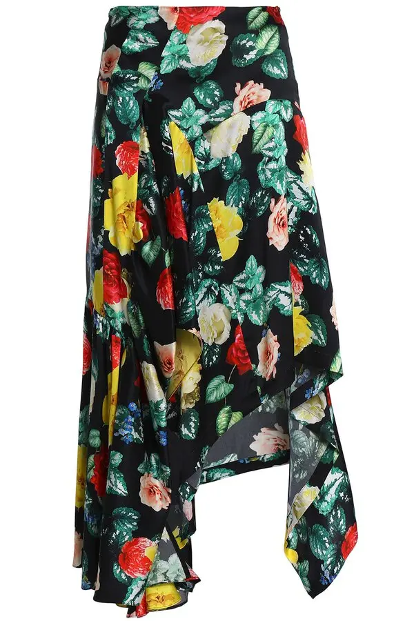 PREEN BY THORNTON BREGAZZI Asymmetric Floral Print Silk Midi Skirt - Black