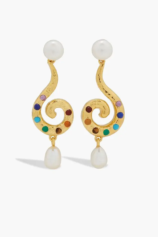 Pamela Love Hammered Gold-plated Multi Stone Earrings With Pearls - Multicolor