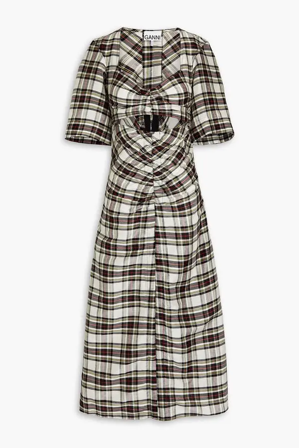 GANNI Cutout Checked Linen And Silkblend Midi Dress