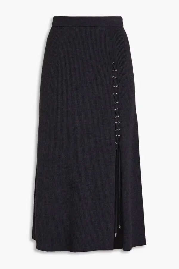 Maje Laceup Ribbedknit Midi Skirt - Anthracite