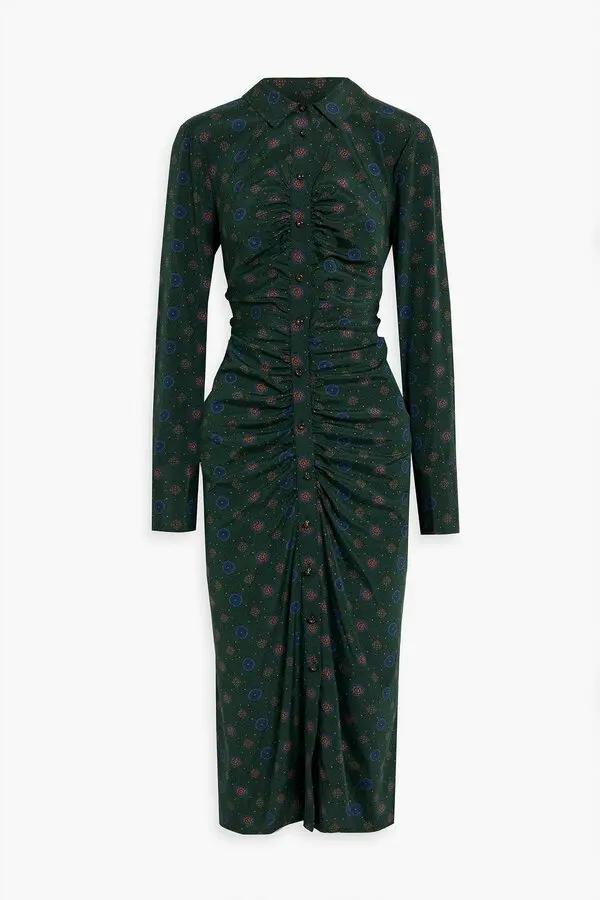 Veronica Beard Mesika Ruched Printed Stretchsilk Midi Shirt Dress