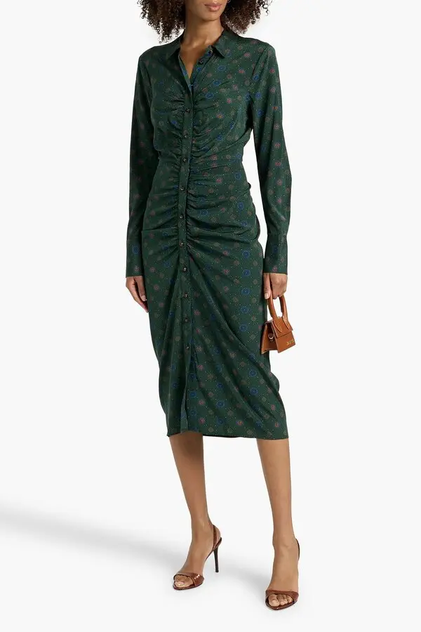 Veronica Beard Mesika Ruched Printed Stretchsilk Midi Shirt Dress