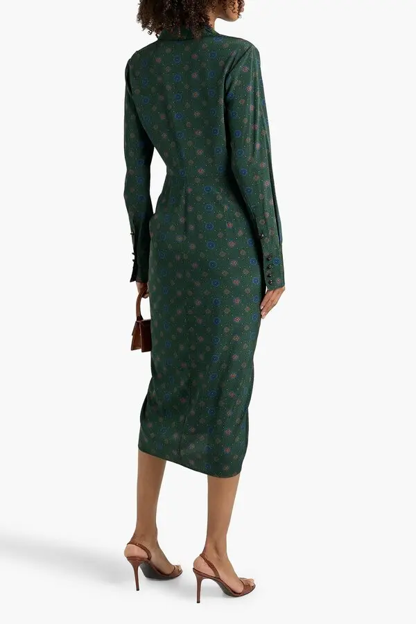 Veronica Beard Mesika Ruched Printed Stretchsilk Midi Shirt Dress