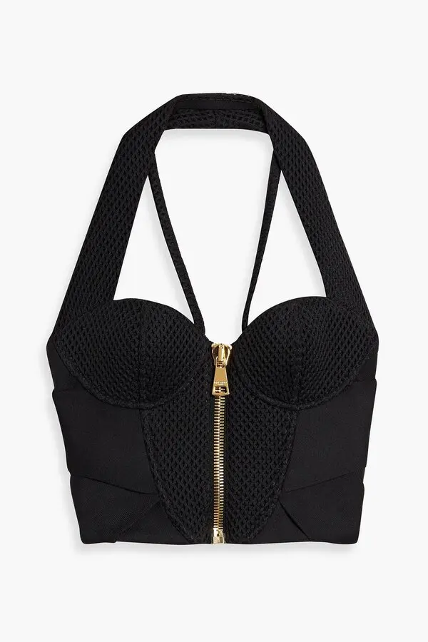Balmain Cropped Stretch-knit And Matelassé Halterneck Bustier Top - Black