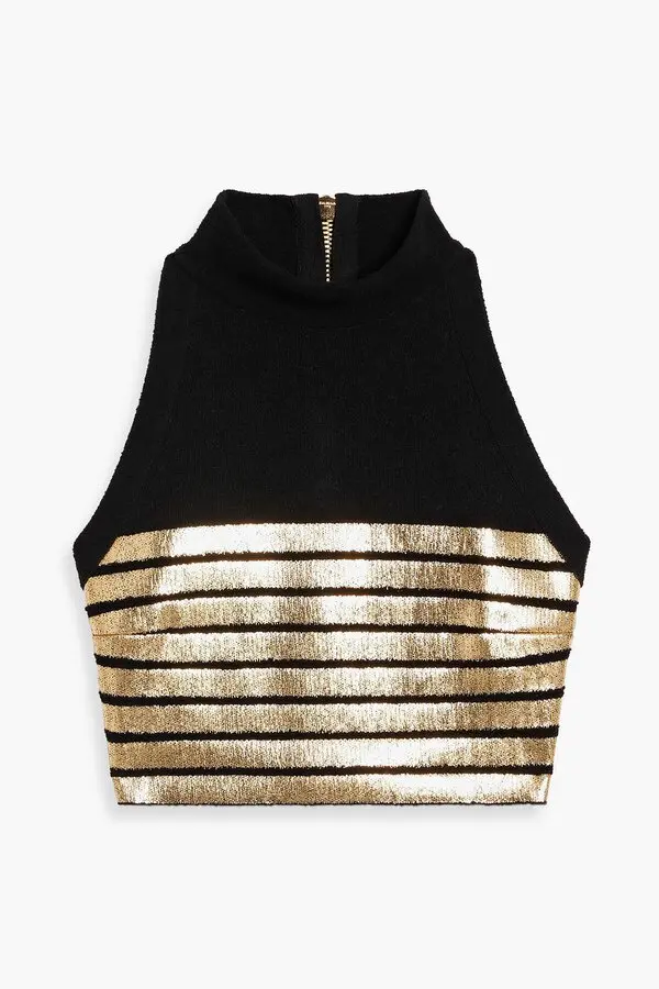 Balmain Metallic Striped Boucléknit Cottonblend Top - Black