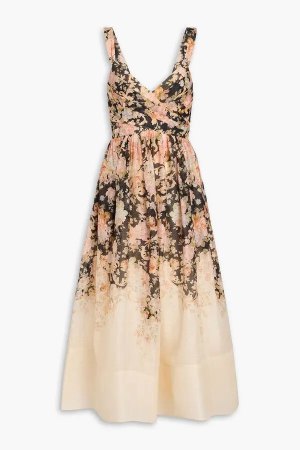 Zimmermann Floral Print Linen And Silk-blend Midi Dress - Neutral