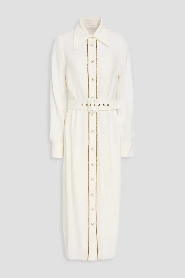 Zimmermann Belted Chain-embellished Crepe Midi Shirt Dress - Ivory
