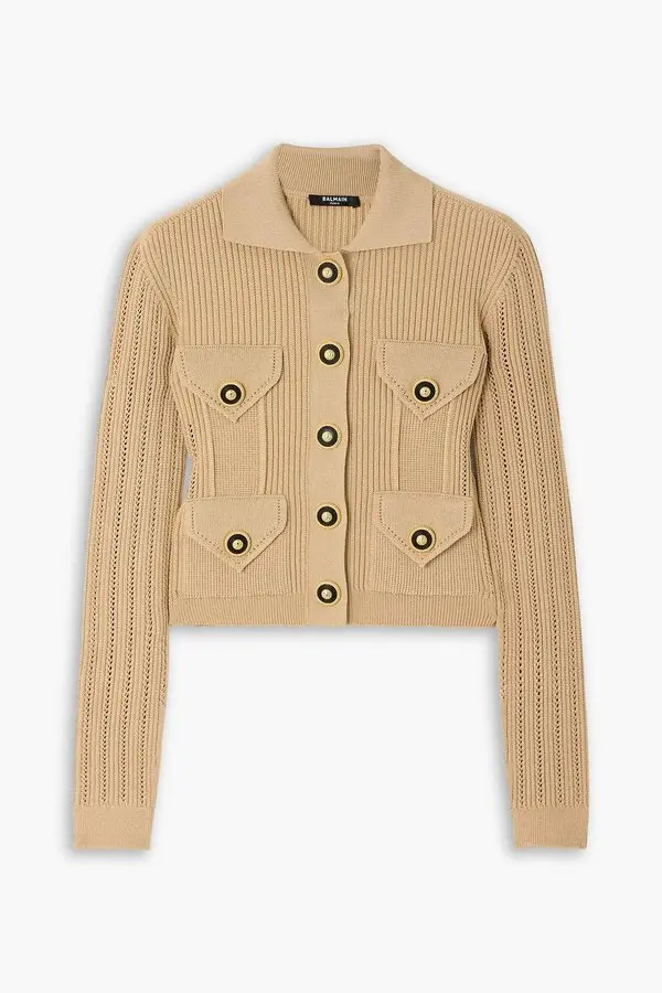 Balmain Ribbed Pointelleknit Cardigan - Beige