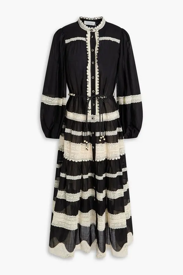 Zimmermann Lace Paneled Cotton Gauze Midi Dress - Black