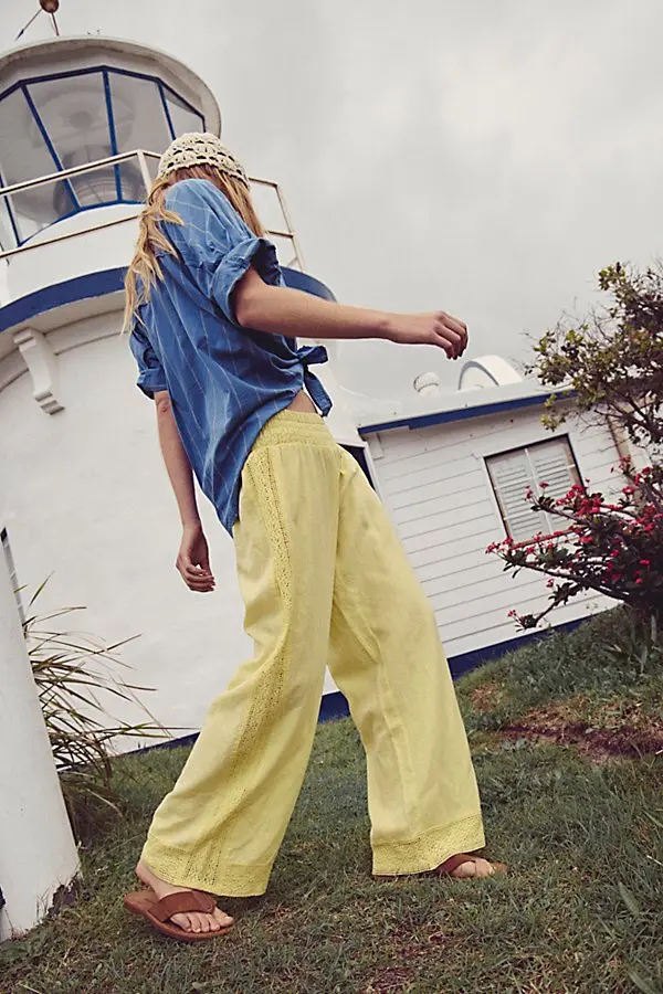 Free People Seaside Cotton-linen Lace Pants - Chardonnay