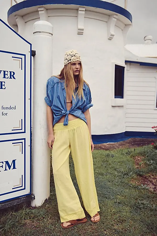 Free People Seaside Cotton-linen Lace Pants - Chardonnay
