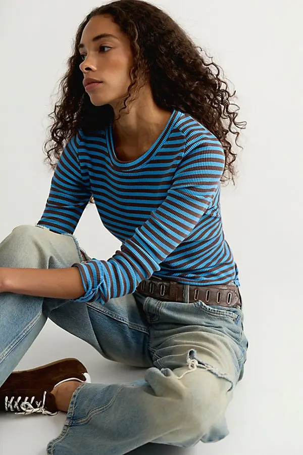 Free People We The Free Easy Does It Striped Long Sleeve Tee - Blue Combo