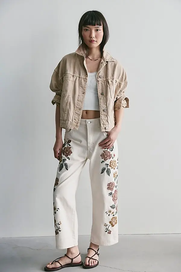 Free People We The Free Willow Cropped Embroidered Jeans