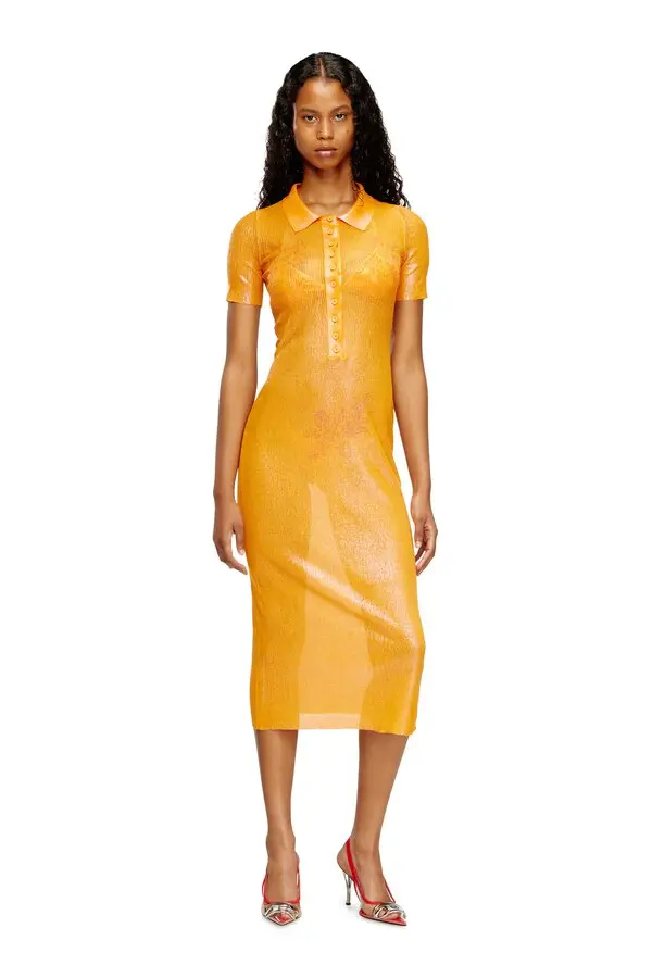 DIESEL® X Karol G Iridescent Knit Polo Maxi Dress With Lotus Print - Orange