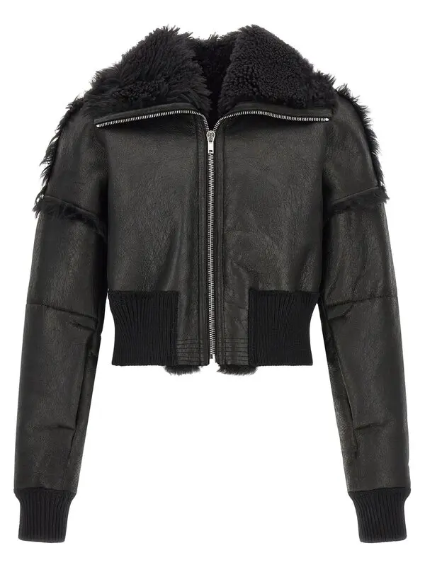 Rick Owens Cropped Leather Bomber Jacket With Shearling - Black