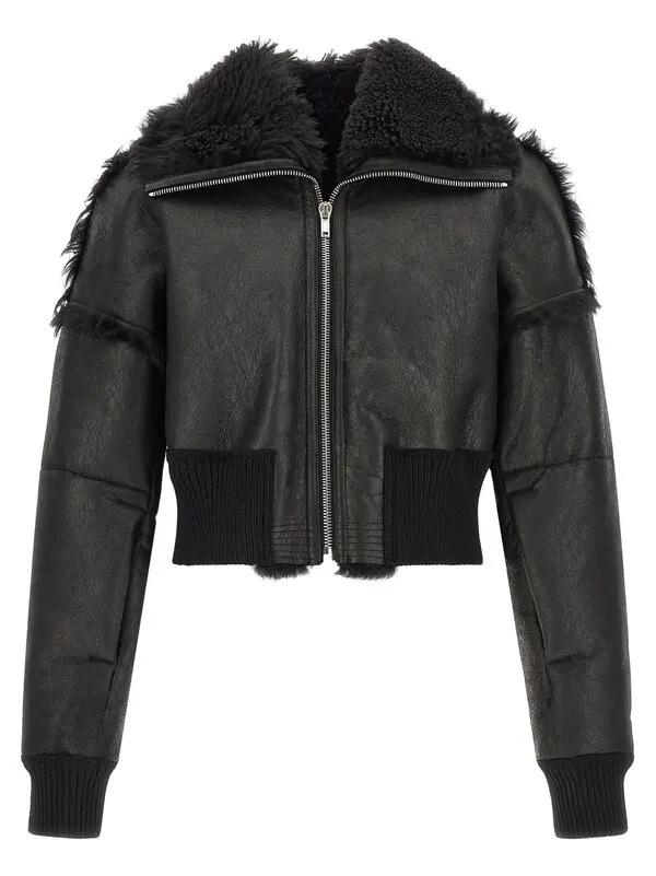 Rick Owens Cropped Leather Bomber Jacket With Shearling - Black