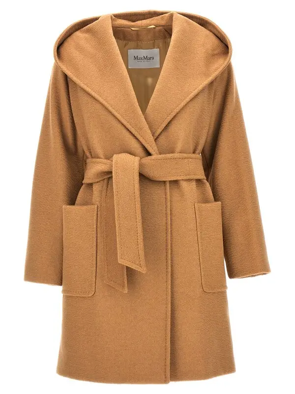 Max Mara Belted Camel Coat With Hood - Cream