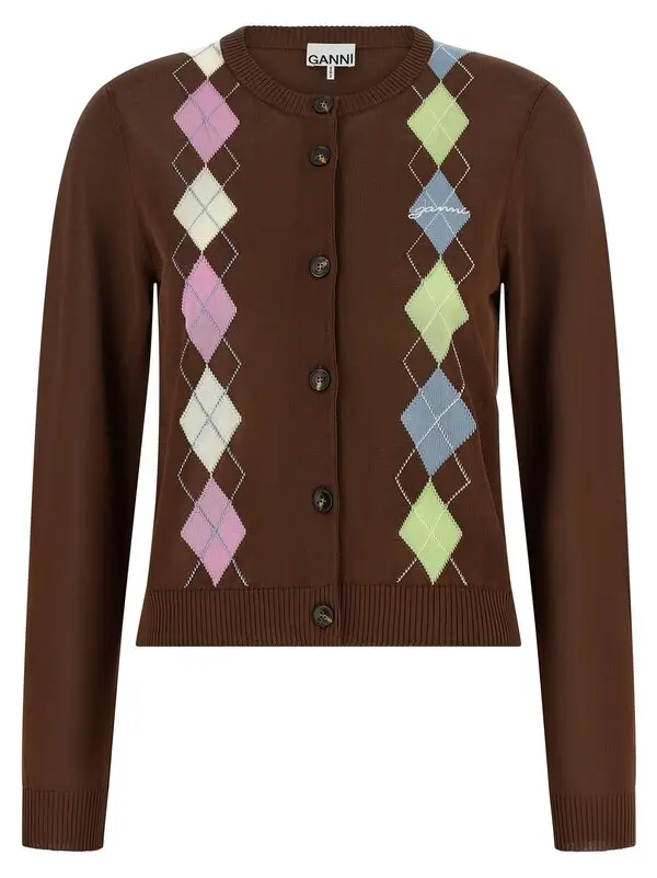 GANNI Argyle Intarsia Organic Cotton Cardigan - Brown