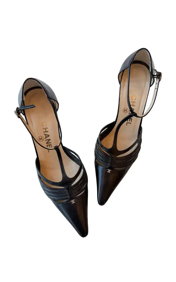 DEAR CLEMENTINE VINTAGE Chanel Leather Strappy Pumps With Metal Heel - Black