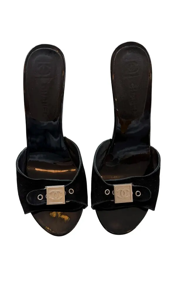 DEAR CLEMENTINE VINTAGE Chanel Silver Cc Buckle Mules - Black