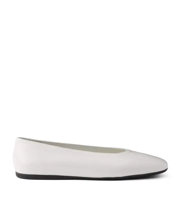Prada Brushed Leather Logo Ballet Flats - White