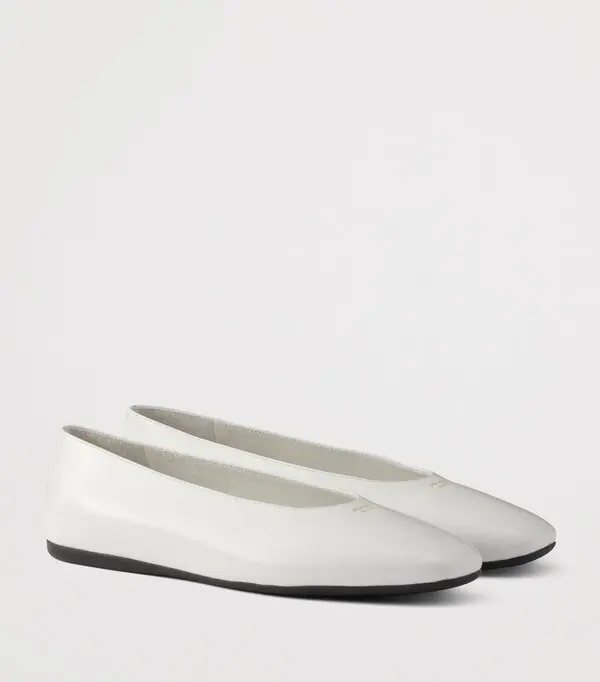 Prada Brushed Leather Logo Ballet Flats - White