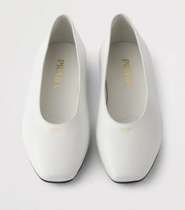 Prada Brushed Leather Logo Ballet Flats - White