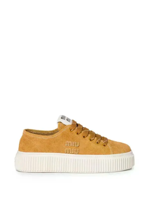 Miu Miu Suede Embroidered Logo Sneakers - Neutrals