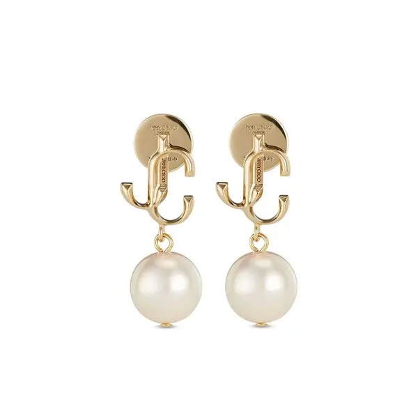 JIMMY CHOO Tone Faux Pearl Logo Earrings - Gold
